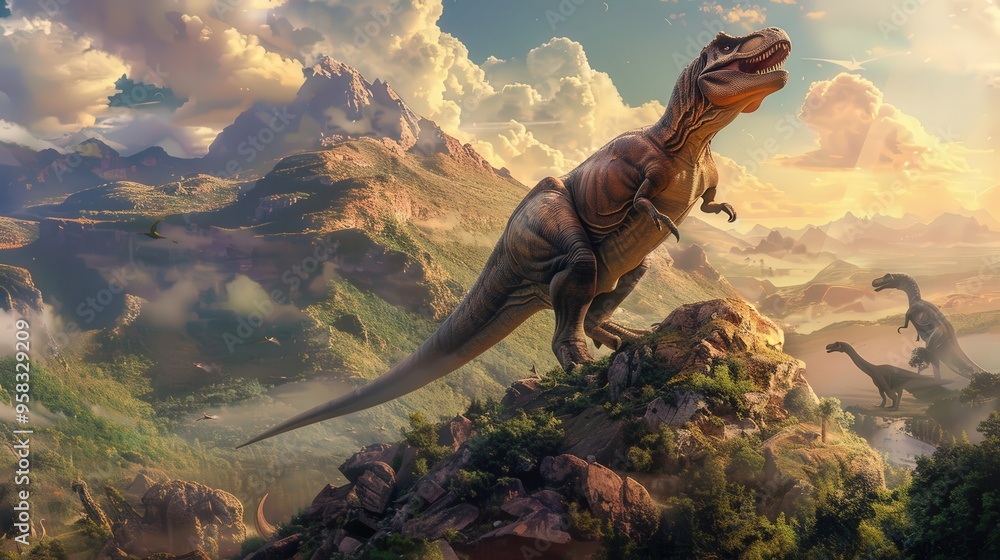 prehistoric scene where the powerful Tyrannosaurus Rex stands atop a ...