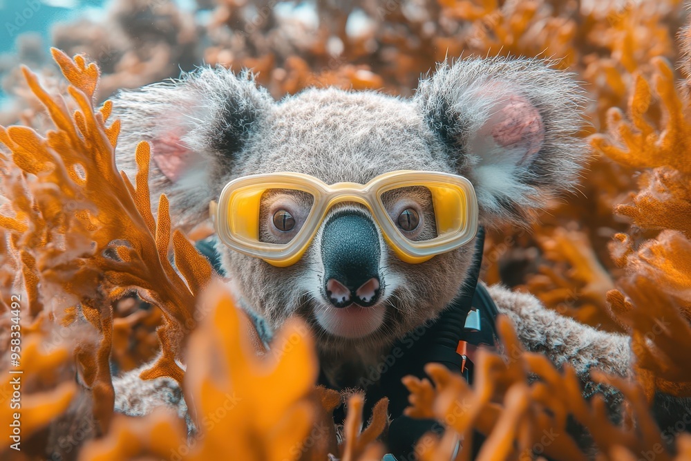 surreal underwater scene with koala wearing neon scuba gear exploring ...