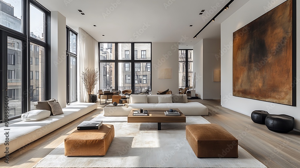 Contemporary loft living room featuring sleek furniture in a neutral ...