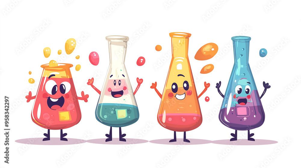Cute cartoon vector-style drawing of four different-colored beakers ...