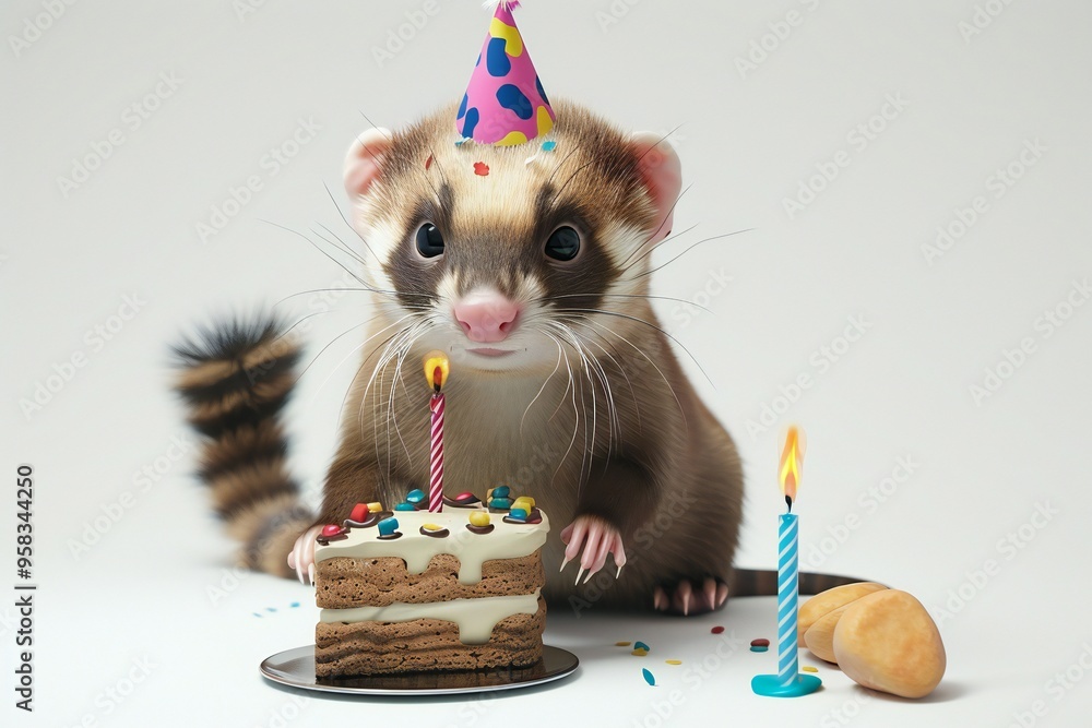 Charming 3D cartoon ferret with a party hat and a slice of cake ...