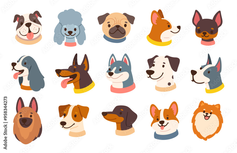 Dog avatars. Cartoon dog faces. Various doggy heads. Cute puppy ...