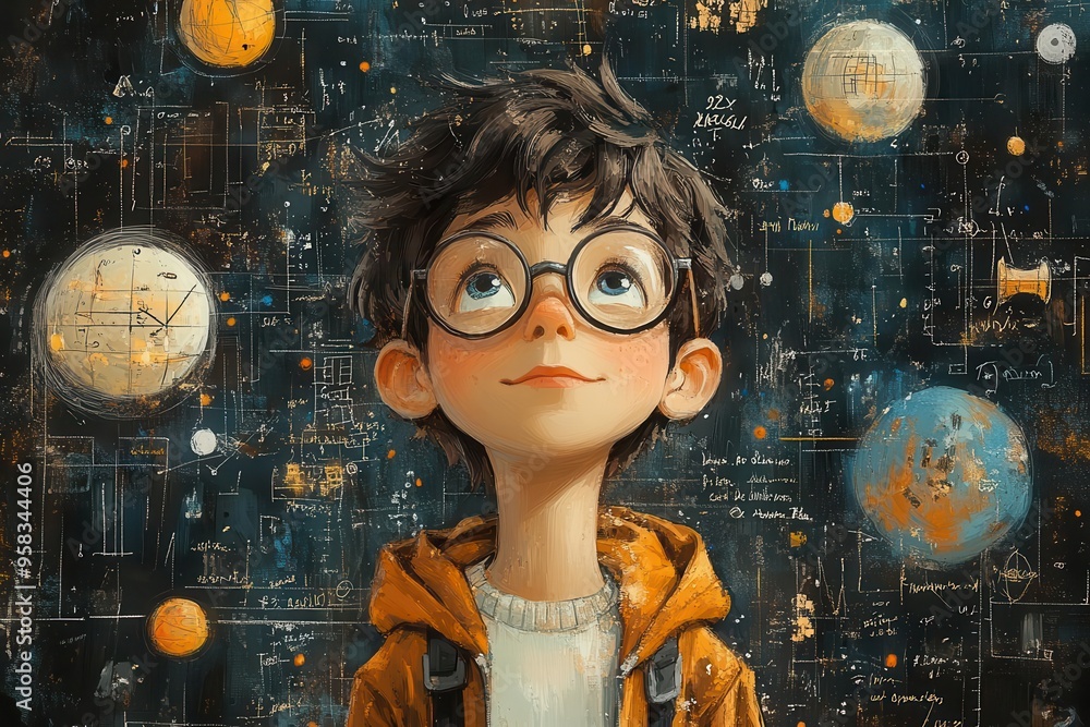 whimsical portrait of bespectacled boy genius surrounded by floating ...