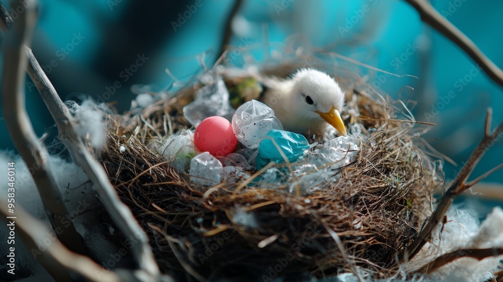 Birds nesting in a remote area, with microplastic debris in the nests ...