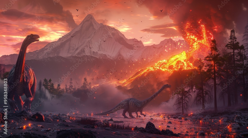 Picture a dramatic volcanic eruption in the Mesozoic era, with ...