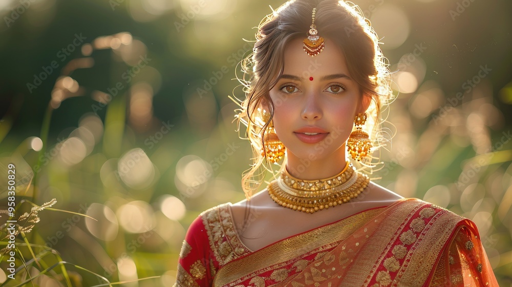 Beautiful woman in a red and gold saree with a bindi on her forehead ...