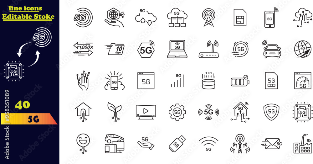 Editable 5G vector icon set. It includes collections of stroke icons ...