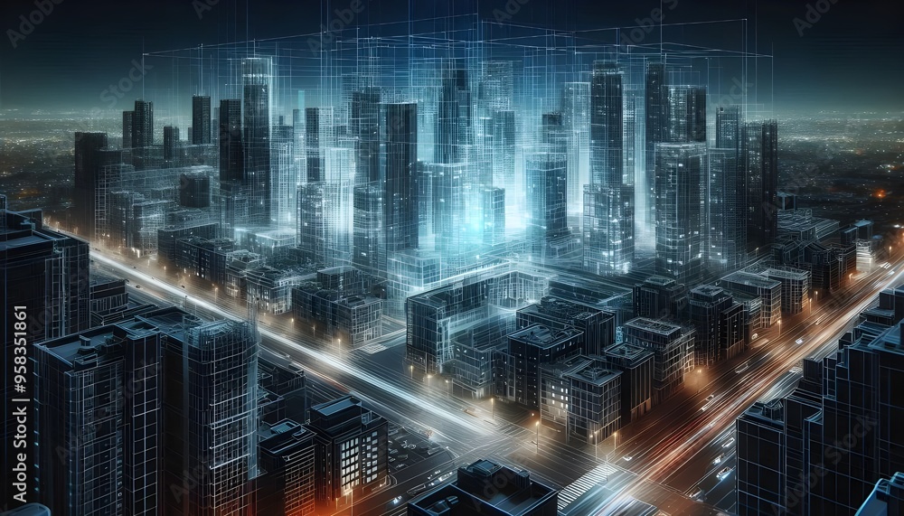 Futuristic Architectural Design Projection Overlay on City Block Under ...