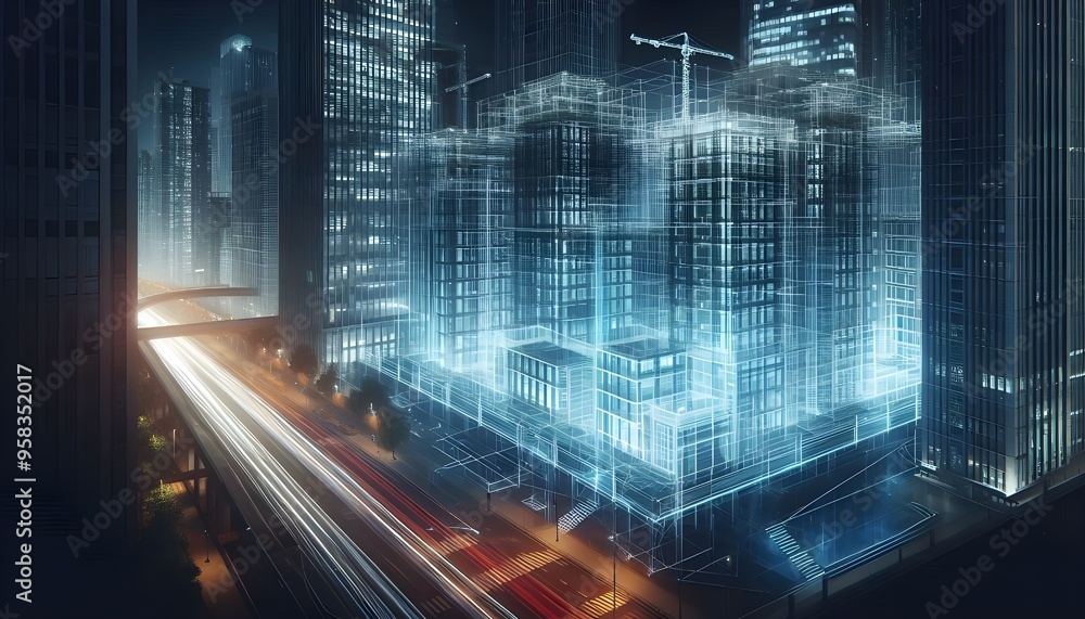 Futuristic Architectural Design Projection Overlay on City Block Under ...