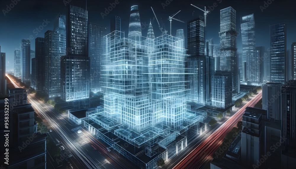Futuristic Architectural Design Projection Overlay on City Block Under ...