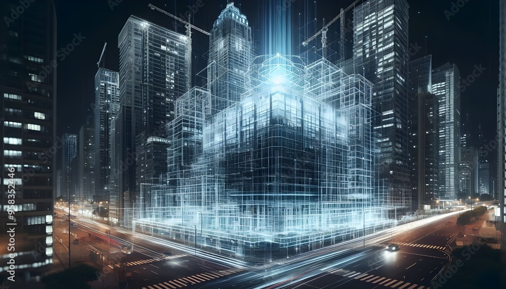 Futuristic Architectural Design Projection Overlay on City Block Under ...