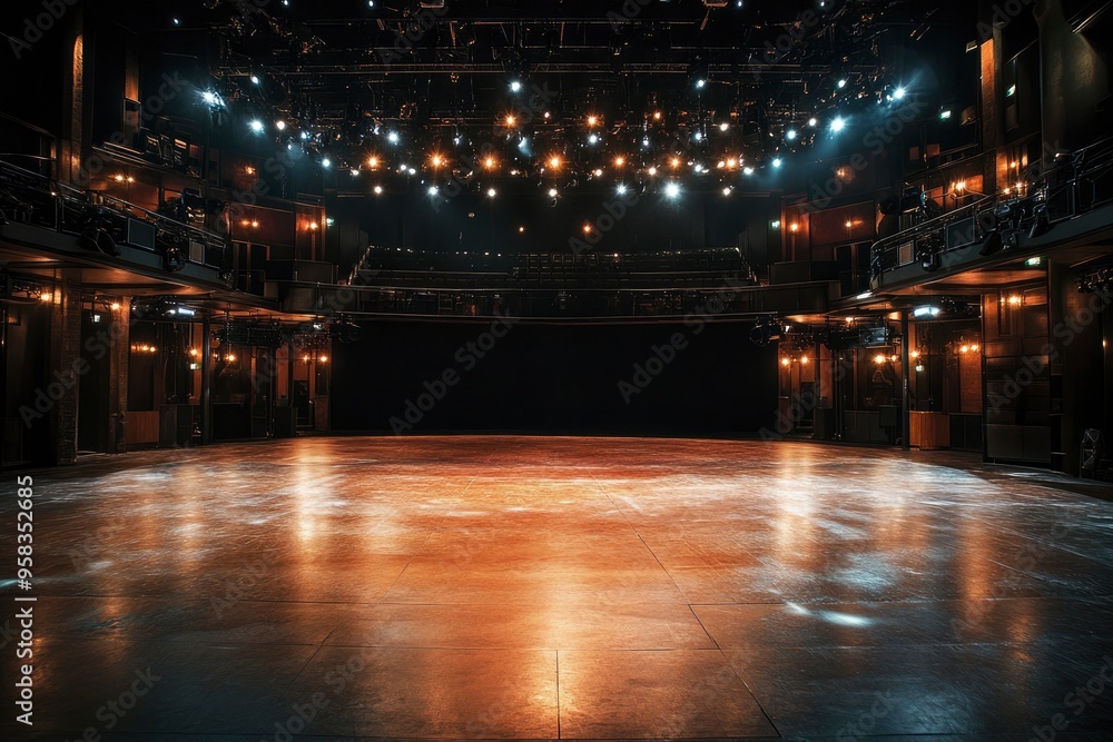 An empty theater stage with dramatic lighting, featuring multiple ...