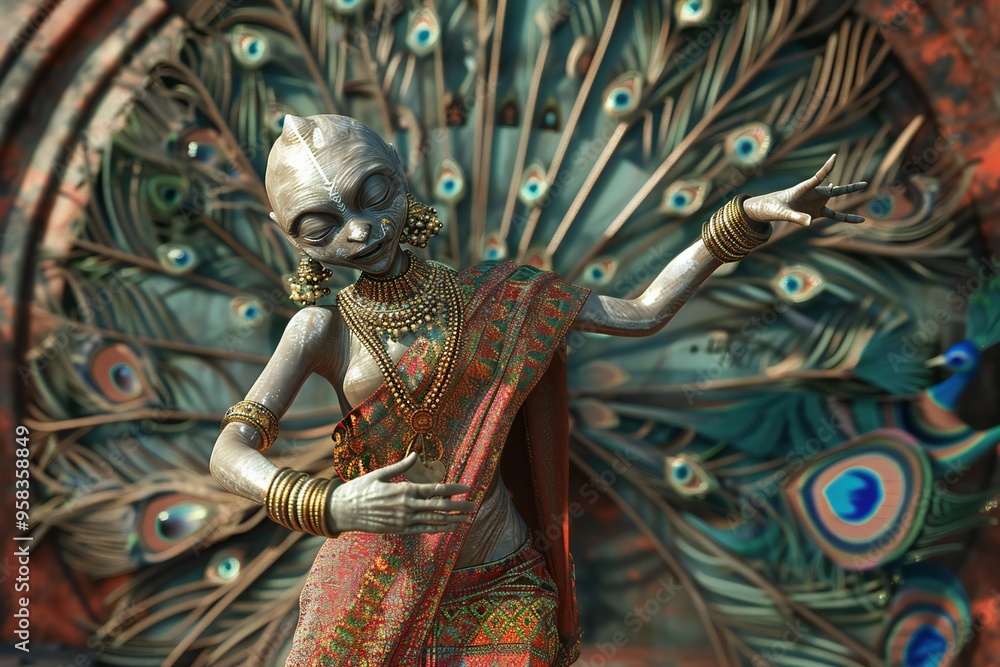 Cute stereo-typical grey alien wearing traditional Indian sari, dancing ...