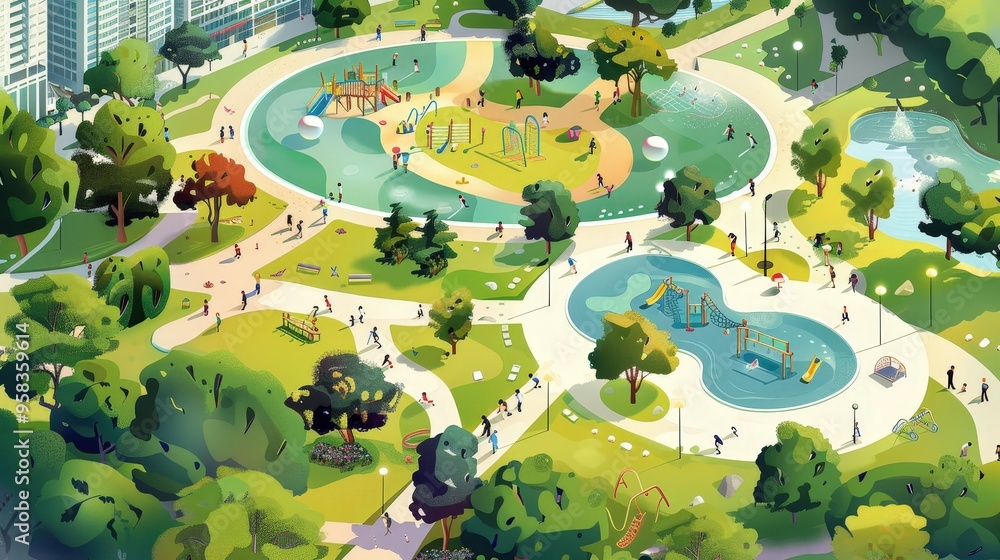 Show a city landscape featuring urban parks and recreational areas ...