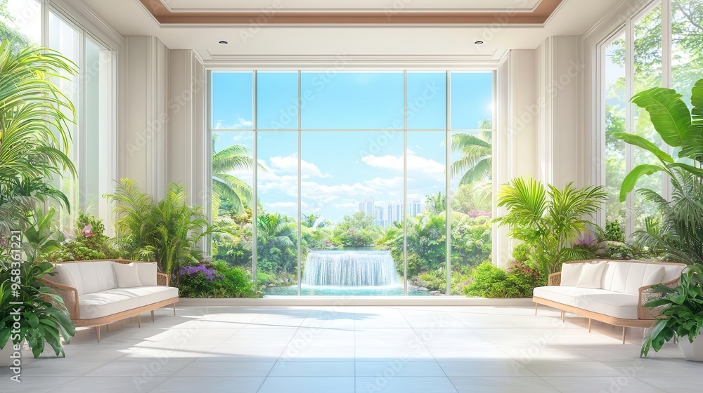 Biophilic office building with indoor waterfall in a bright, natural ...