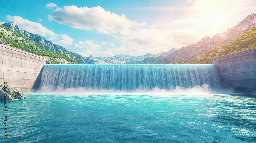 Hydroelectric dam with dramatic water release captured in a powerful ...