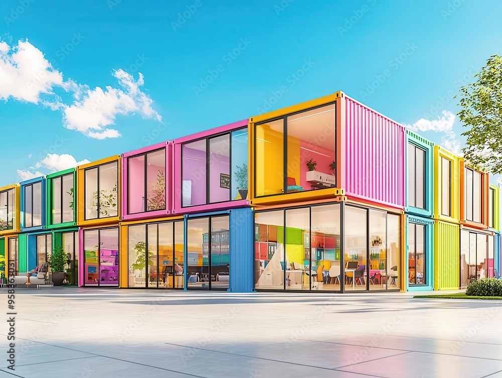 Repurposed shipping container office complex captured in a vibrant ...