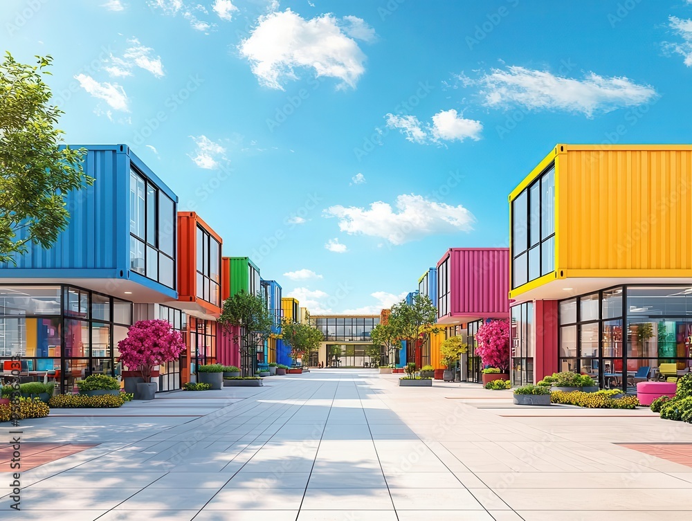 Repurposed shipping container office complex captured in a vibrant ...