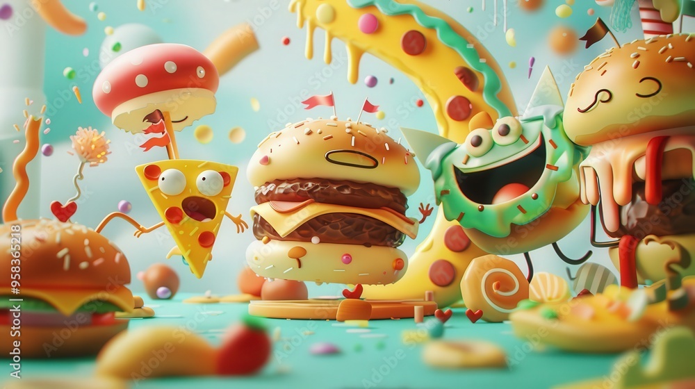 Show a fun illustration of junk food characters, like animated pizza ...