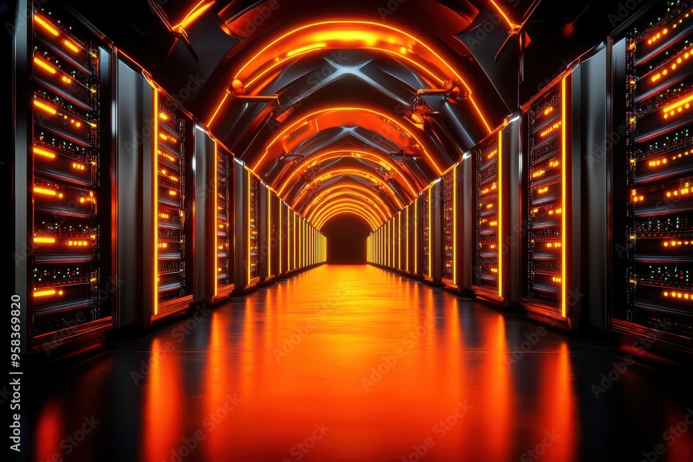 Massive data center, endless rows of servers, digital architecture ...