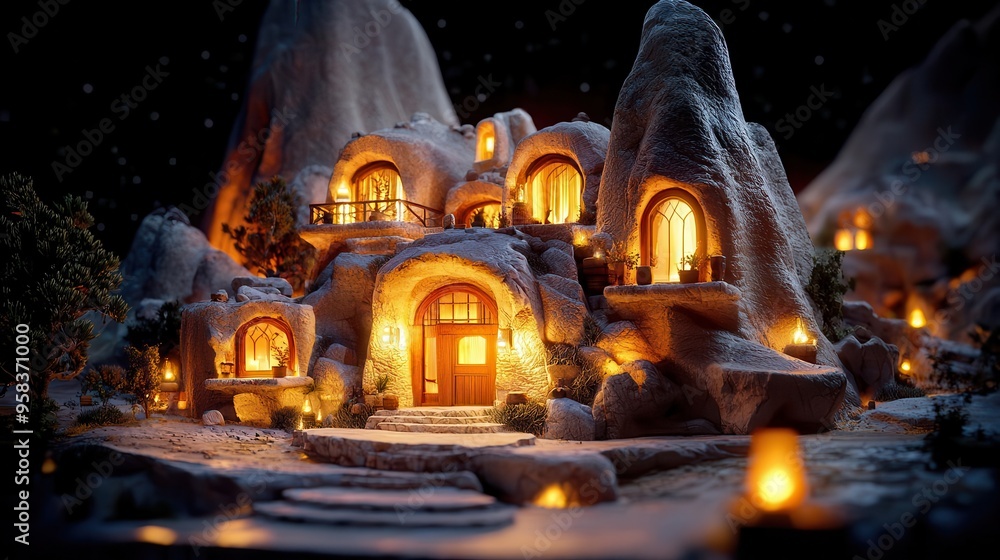 Troglodyte cave dwellings in Cappadocia, Turkey in a moody, atmospheric ...