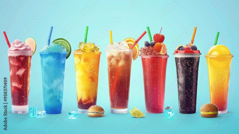 Show a variety of fast food beverages, including sodas, milkshakes, and ...