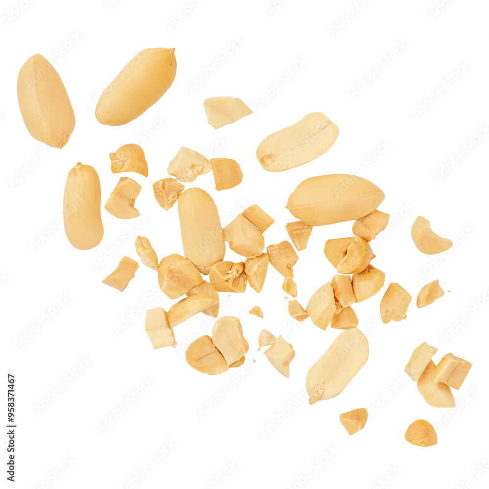 Peanuts levitating in air on white background. Isolated Falling crushed ...