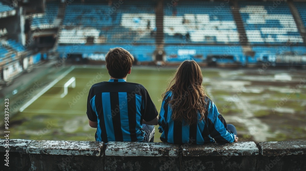 Football supporters, a man and a woman, both thirty years old, dressed ...