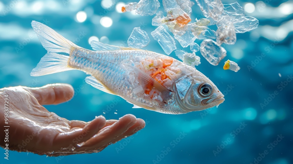Fish being caught by a fisherman, with microplastics visible in its ...