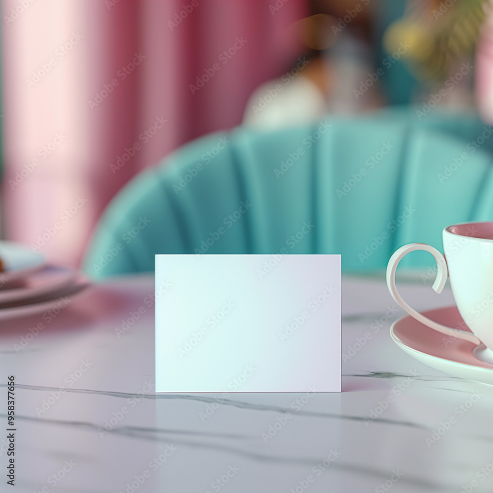White blank mockup card tent food tag paper retro diner setting table ...