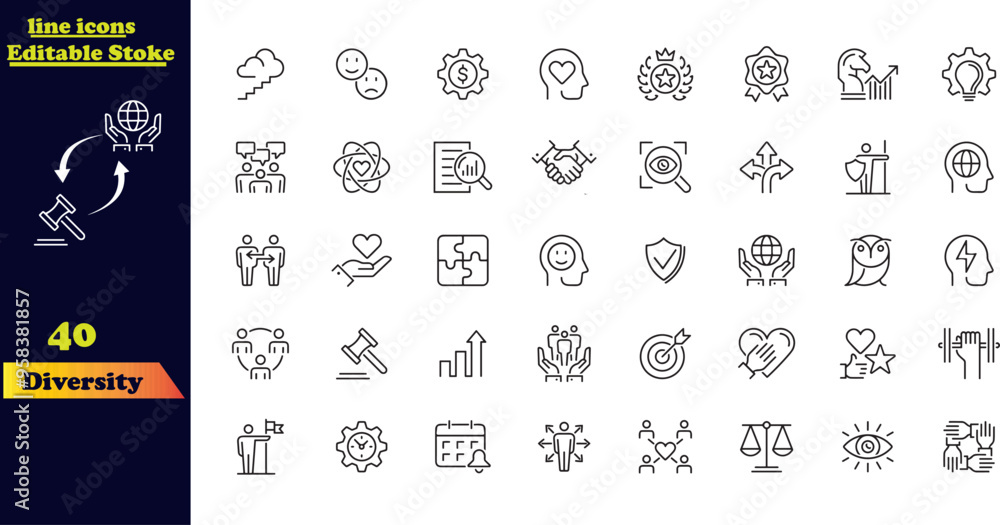 Diversity icon set featuring a collection of stroke icons that ...