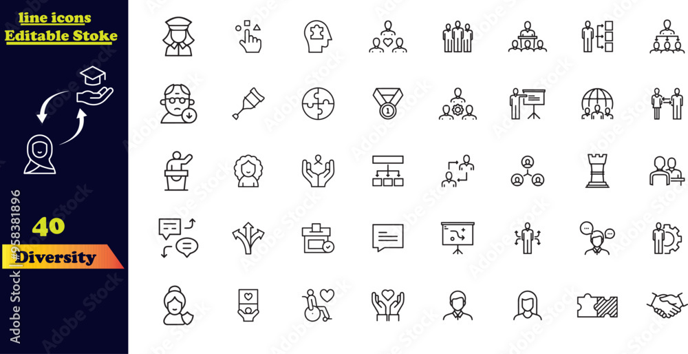 Diversity icon set featuring a collection of stroke icons that ...