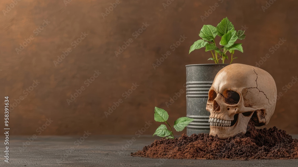 A decaying human skull lies amidst toxic waste barrels and dead plants ...