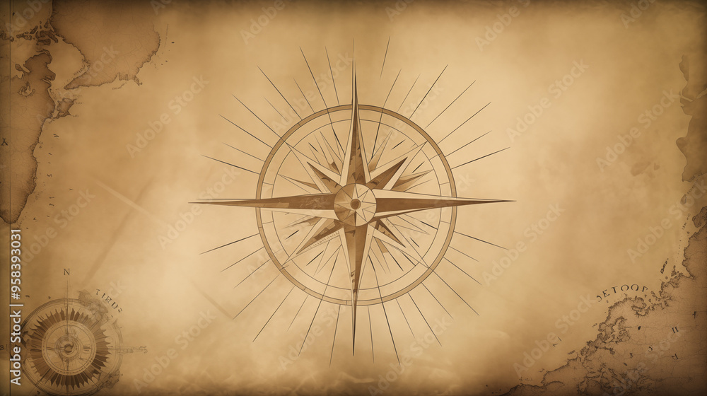 Antique Compass Rose Map Background with Detailed Radiating Star and ...