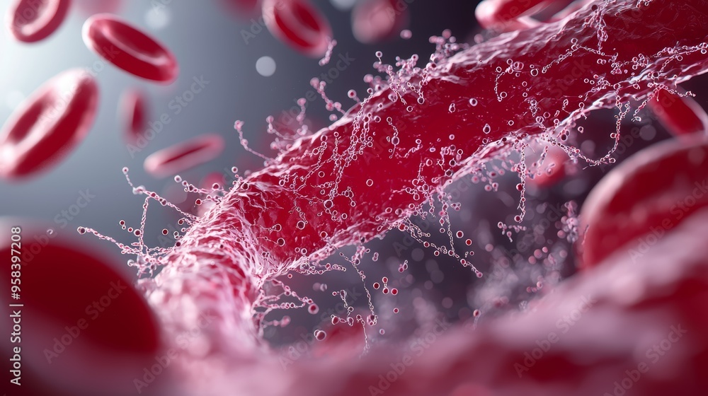 Human bloodstream with microplastic particles circulating, highlighting ...