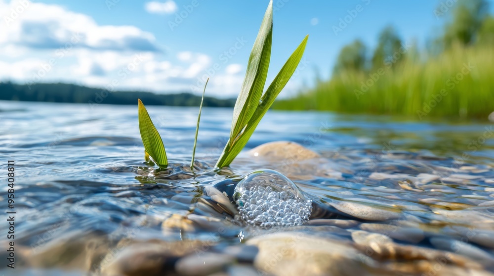 Freshwater plants with microplastic particles clinging to their leaves ...