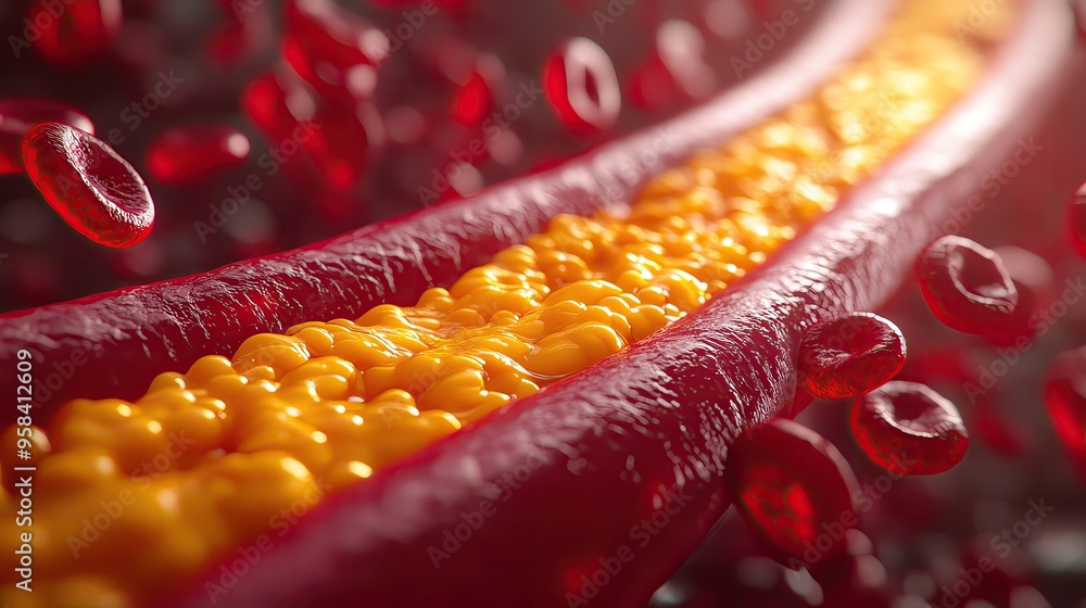 Detailed illustration of a blood vessel filled with fat deposits ...