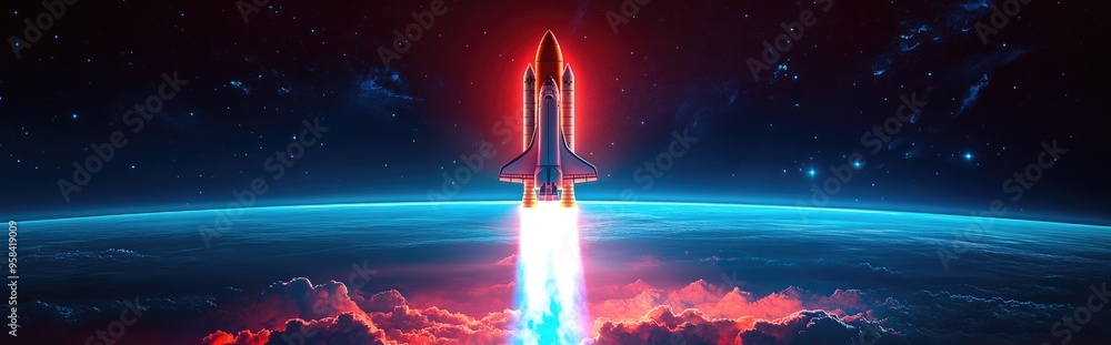 3D cartoon illustration of a launch of a space shuttle in open space ...