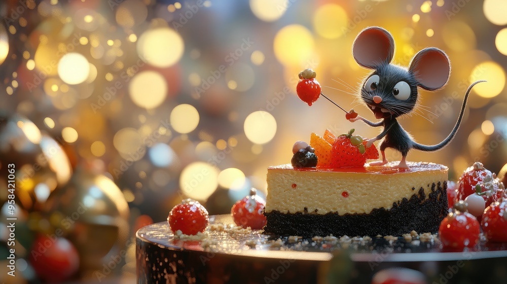 Cheesecake being stolen by a masked mouse on a table, close-up shot ...