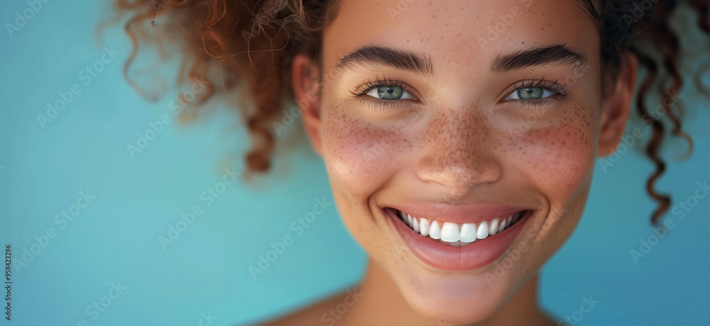 Smiling cute girl with beautiful teeth. Concept poster background. Snow ...
