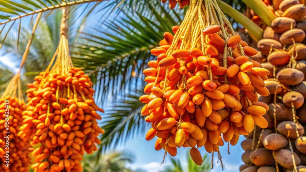 Ripe bright orange dates on a date palm tree , Harvest, sweet, tropical ...