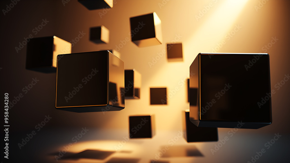 Floating 3D cubes with reflective surfaces, hovering in a space with ...