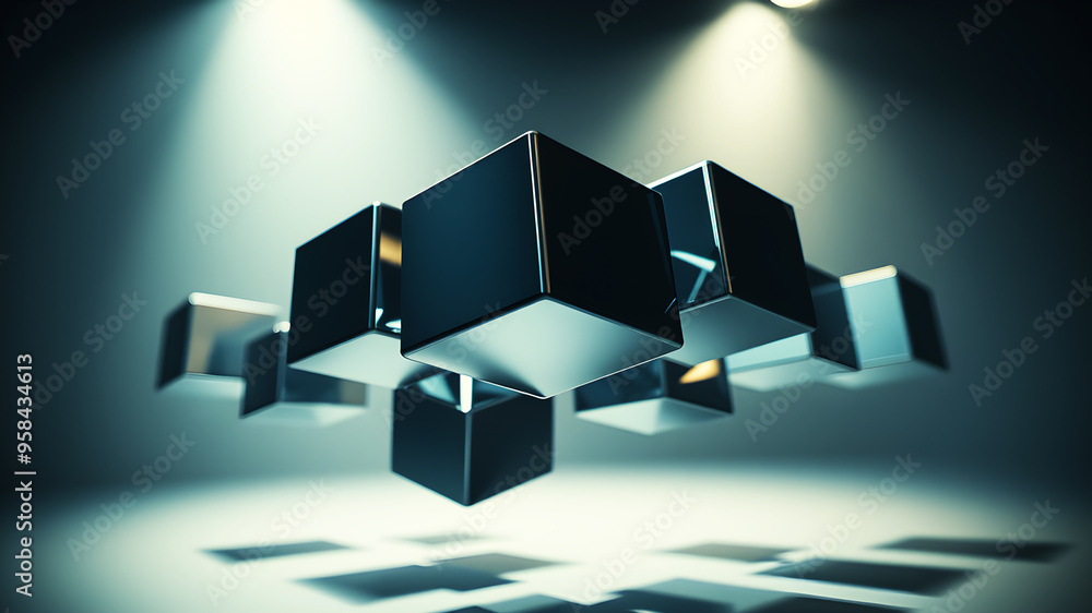 Floating 3D cubes with reflective surfaces, hovering in a space with ...