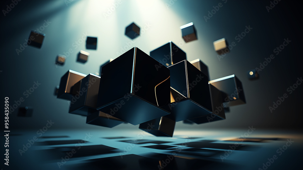 Floating 3D cubes with reflective surfaces, hovering in a space with ...
