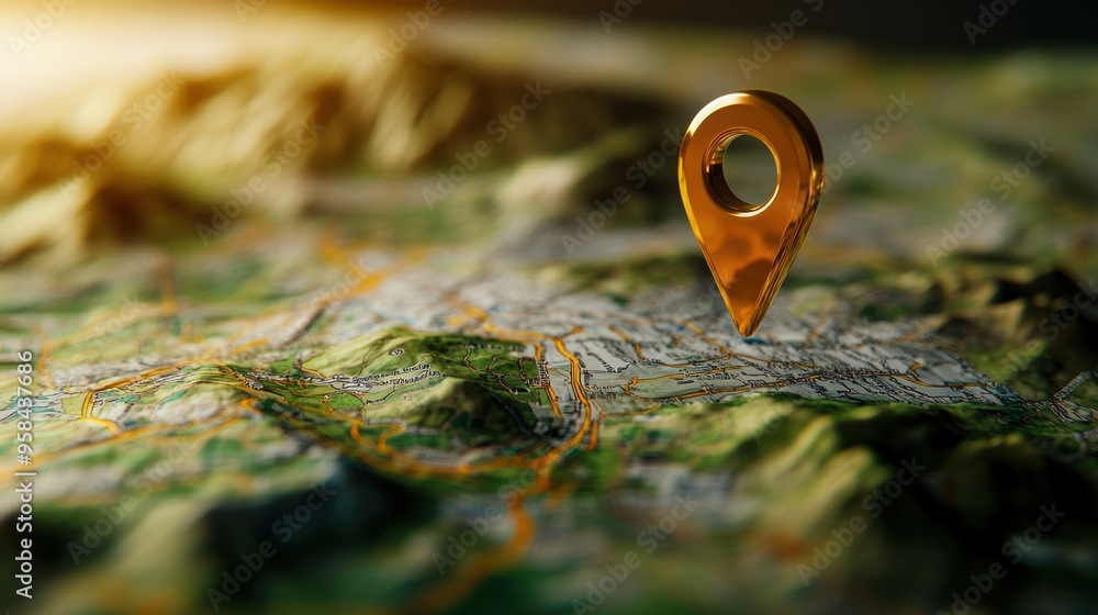 3D map marker on a physical map, pointing to a major travel route, with ...