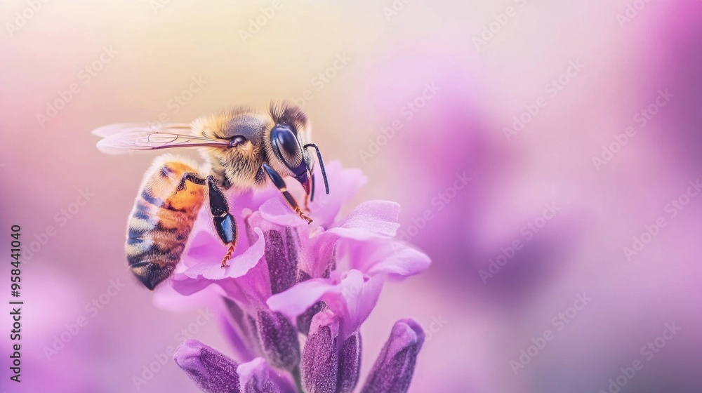 Bee Pollination in Blooming Ecosystem, vibrant bee collecting nectar ...