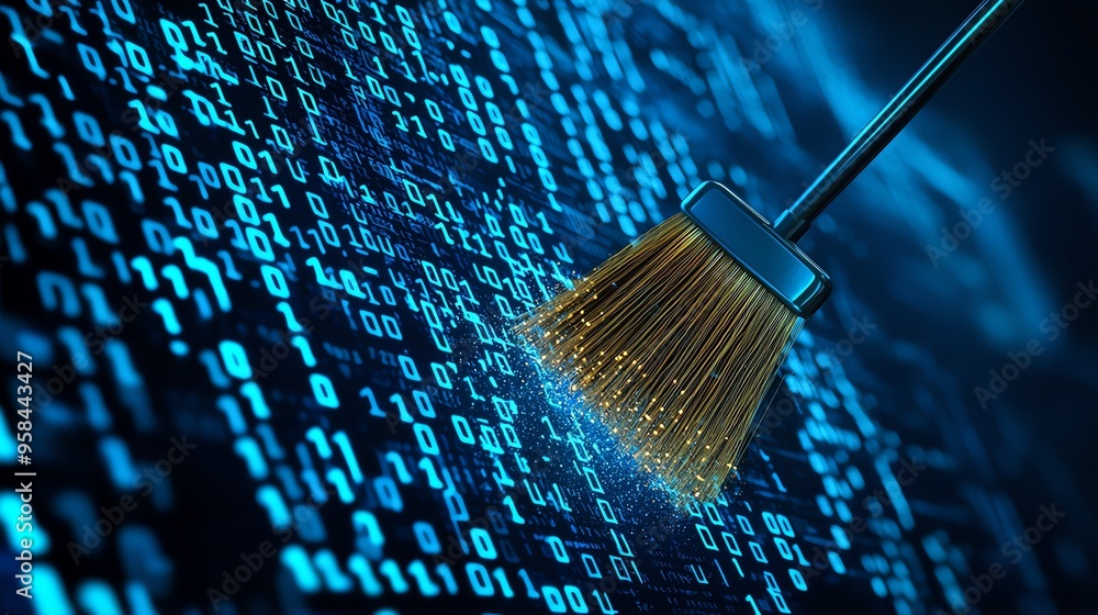 A digital broom sweeping through binary code, symbolizing data cleaning ...