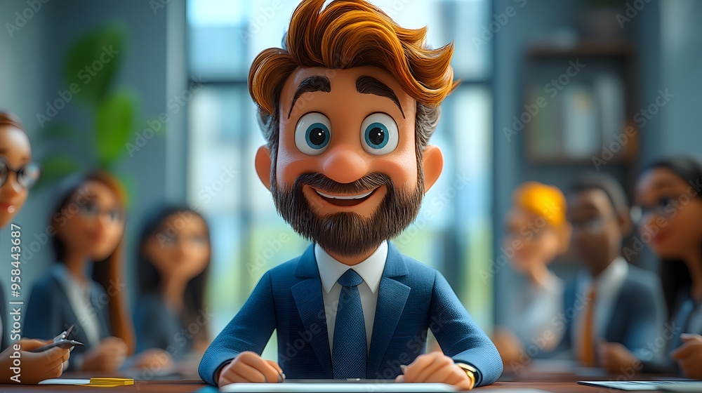 Animated CEO in a 3D cartoon rendering, discussing strategic ...
