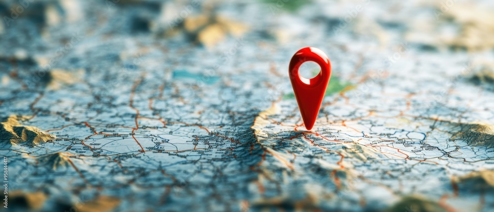 Red map marker standing out on a textured physical map, showing a clear ...