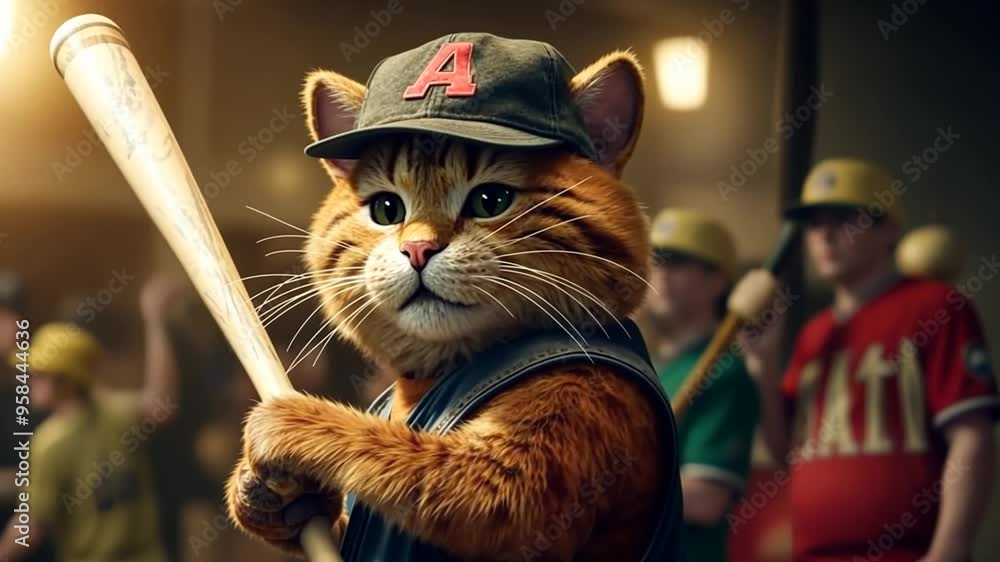 Cat Dressed in a Baseball Uniform Preparing to Bat at a Game Generative ...